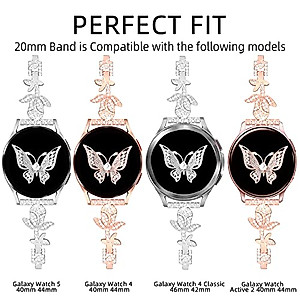 20mm Bling Rose Band for Samsung Galaxy Watch 4 40mm 44mm, Watch 5 40mm 44mm, Galaxy Watch 4 Classic 42mm 46mm, Active 2 40mm 44mm, Watch 3 41mm Adjustable Band Women Bracelet Wristband, Silver