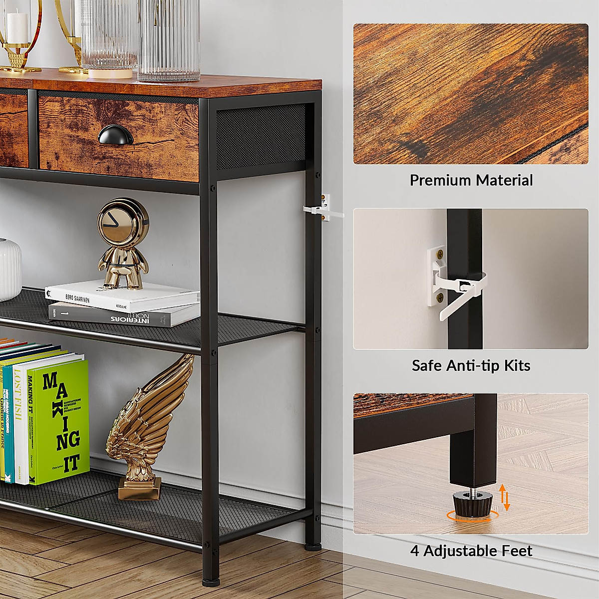 Furologee Entryway Table, 38'' Console Sofa Table with 3 Fabric Drawers, Industrial Entry Way Table with Storage Shelves, Display Shelf for Living Room, Hallway, Entrance, Foyer, Rustic Brown