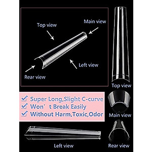 Quaferen 504Pcs Clear Coffin Nail Tips for Acrylic Nails Professional, XXXL Extra Long No C Curve Coffin Straight Acrylic Nail Tips, Half Cover No Crease Nail Extension False Nails for DIY Nail Art