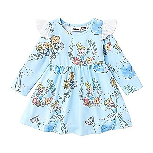 Disney Princess Baby Girls' Dresses Floral Long-Sleeve Ruffled Playwear Dress, Blue, 18-24 Months