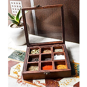 Ajuny Wooden 9 Containers Masala Dabba Spice Box with Glass Lid on Top and Spoon, 5.5x20.5 Cm