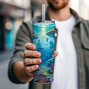 Psychedelic Underwater Ocean Scene Skinny Tumbler 20oz with Straw Insulated Water Bottle Gift