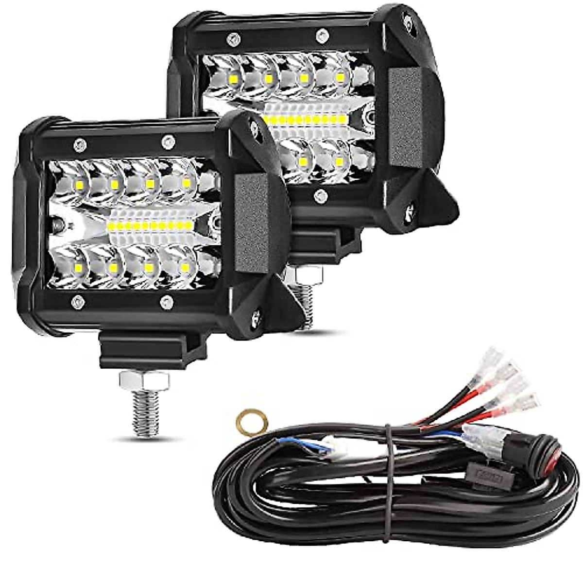 Aaiwa LED Pods with Wiring Harness, 4 Inch 120W LED Light Bar, 2PCS 12000LM Spot Flood Combo Off Road Light Triple Row LED Work Light Driving Fog Lamps for Pickup Truck ATV UTV SUV Boat Light