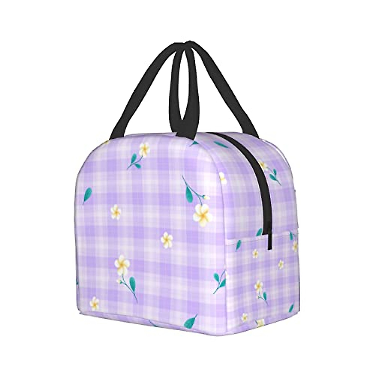 Plumeria Purple Lilac Violet Flower On Purple Plaid Lunch Box Bento Box Insulated Lunch Boxes Reusable Waterproof Lunch Bag With Front Pocket For School Office Picnic
