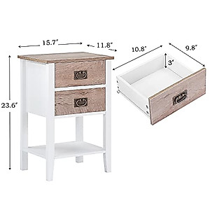 VECELO Nightstands Set of 2 End/Side Tables for Living Room Bedroom Bedside, Vintage Accent Furniture Small Space, Solid Wood Legs, Two Drawers, White & Oak