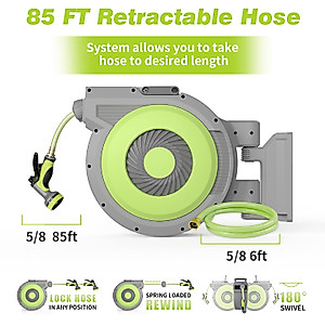 REDUCTUS 5/8" x 85 ft Retractable Garden Hose Reel, Wall Mount Retractable Water Hose with 10 Pattern Hose Nozzle, Any Length Lock/180° Swivel Automatic Hose Reels for Outside Garden Watering