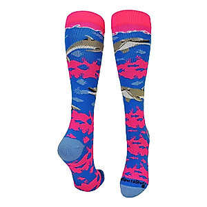 MadSportsStuff Happy Dolphins Over the Calf Socks (Electric Blue/Neon Pink, Small)