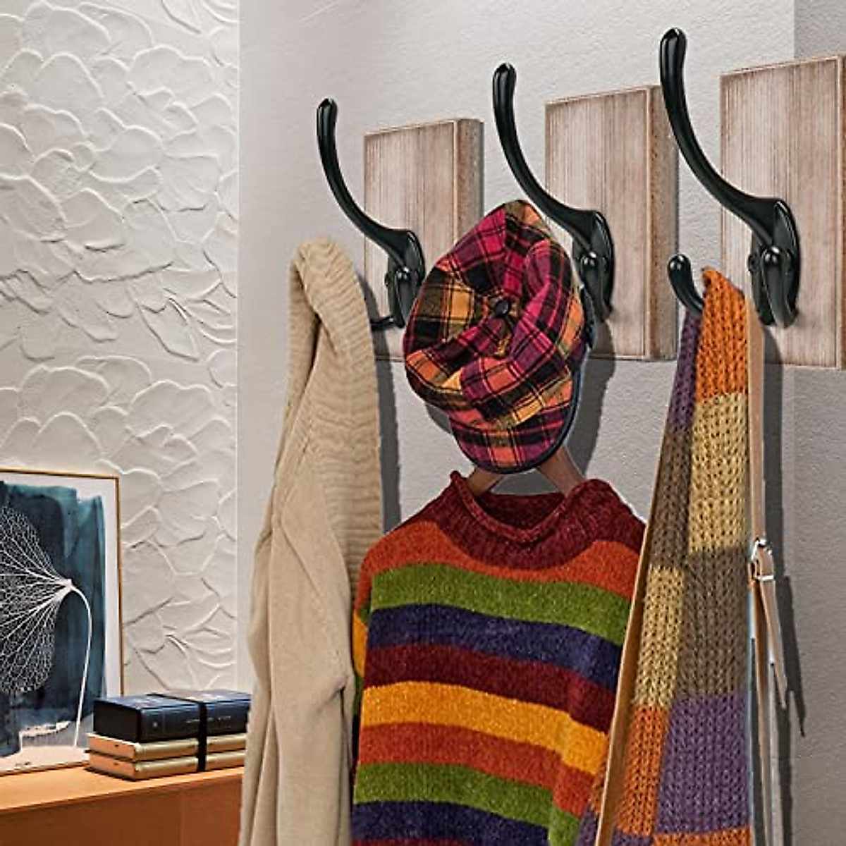 OLBET Rustic Farmhouse Towel Hooks for Bathroom Wall Mounted - Rustic Wall Hooks for Hanging Coats - 2 Pack - Retro Iron Wood Hooks - Classical Heavy Duty Hangers for Your House - Weathered White