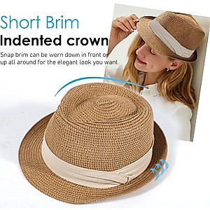 Lvaiz Womens Straw Hat Short Brim Panama Fedora Beach Sun Trilby Hat for Vacation Gentlemen Roll Up Summer Hat A01-khaki L