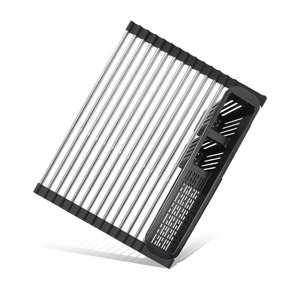 CLNGAI Roll Up Dish Drying Rack,Expandable Over The Sink Dish Drainer,Stainless Steel Kitchen Rolling Sink Rack with Utensil Holder,Length Up to 22.3" (Black)