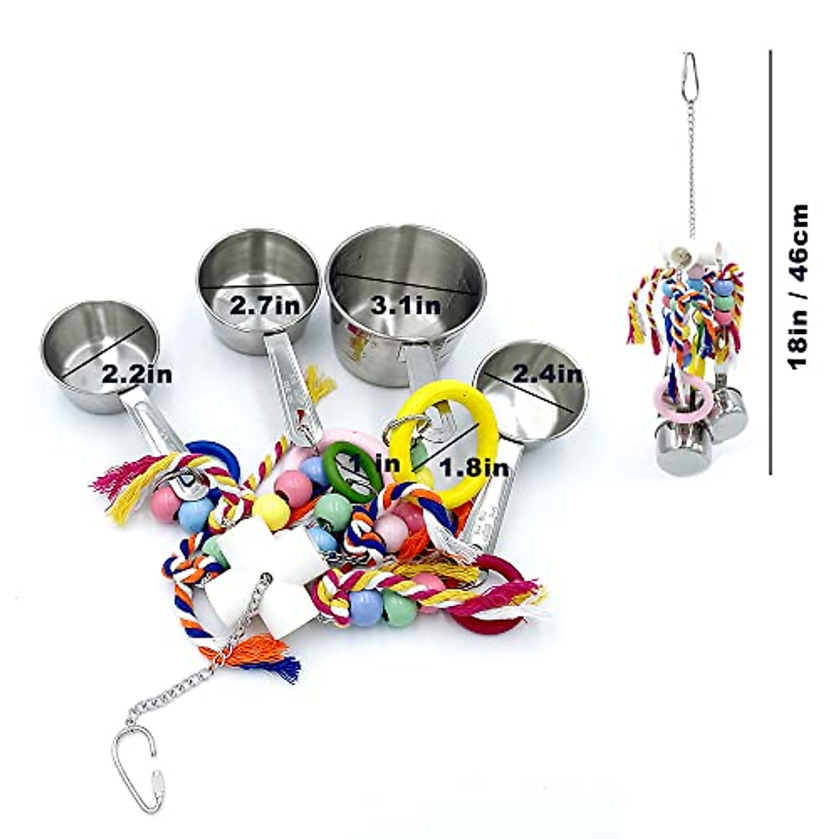 GILYGI Bird Parrots Pullable Stainless Steel Pots Toys, Bird Foraging Toys with Colorful Rope and Wooden Beads Rings for Small and Medium Parrot Bird