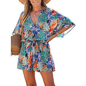 CUPSHE Women's V Neck Romper Half Sleeve Jumpsuit Tropical Hawaii Leaf Belted Belt Romper Wide Leg Outfit Black
