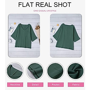 Dokotoo Womens Juniors Elegant Casual Spring Summer Shirts and Blouses for Women 2023 T-Shirts V Neck 3/4 Sleeve Cotton Tunic Tops Loose Shirts with Pocket Green Large