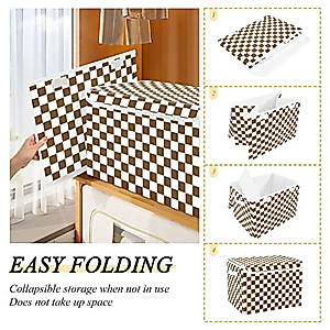CaTaKu Chess Board Brown Storage Bins with Lids and Handles, Fabric Large Storage Container Cube Basket with Lid Decorative Storage Boxes for Organizing Clothes