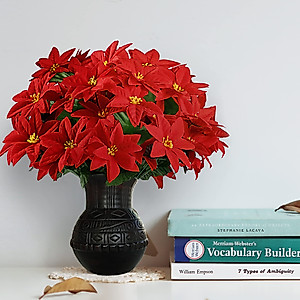Sggvecsy Artificial Poinsettia Bouquet 7 Heads 5 Pack 15’’ Velvet Poinsettia Bush Christmas Flowers for Porch Home Garden Indoor Outdoor Xmas Decorations (Red)