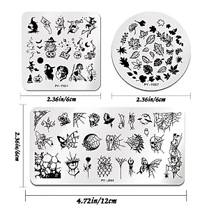 6Pcs Halloween Nail Stamping Plates Fall Maple Leaf Nail Stamper Template Kit Ghost Bat Skull Spider Web Design Nail Decorations Supplies with 1 Stamper 1 Scraper