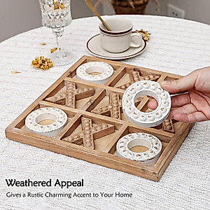 NIKKY HOME Tic Tac Toe Game Coffee Table Decor, 10.6 Inch Rustic Wooden Board, Wood & White