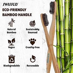 Swissco Bamboo Charcoal Toothbrushes Teeth Whitening Medium Toothbrush for Adults | Biodegradable Toothbrush | Eco Friendly Wooden Toothbrushes | 5-Pack