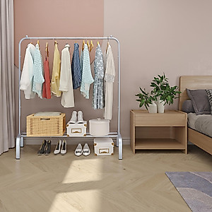 JIUYOTREE Metal Clothing Rack 43.3 Inches Clothes Garment Coat Rack with Bottom Shelf Clothing Rack for Hanging Clothes Coats Skirts Shirts Sweaters Silver Gray