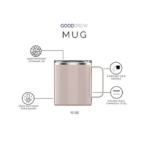 GOODBREW Camp Mug - Stainless Steel Insulated Mug with Strainer Lid | Double Wall | Comfortable Grip Handle | Perfect for Commuting, Camping or Traveling (12oz, 2 Pack) (Beige Crema)