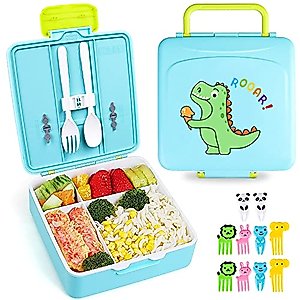 Bento Lunch Box Kids Children, Lunchbox with 4 compartments, Spoon, Fork and Fruit Picks, Blue Food Containers for Boys, Daycare/Travel/School, Leak-Proof, BPA-Free, Microwave/Dishwasher/Freezer Safe