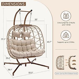 NICESOUL® Indoor Outdoor 2 Person Egg Chair Double Swing Chair with Stand Large Cream Wicker Patio Twins Basket Hanging Egg Chair with Cover 510lbs Capacity for Bedroom Balcony Oversized