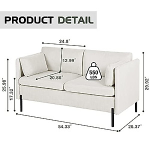 LINLUX 55''W Upholstered Modern Loveseat Sofa Couch for Living Room, Fabric Small Love Seat w/ 2 Pillows and Iron Legs, 2 Seat Small Couches for Small Spaces, Bedroom, Apartment, Office, Light Beige