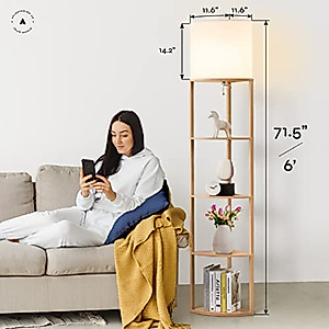 ATAMIN Alvis Edge 72" Floor Lamps for Living Room Decor, Tall Lamp for Bedroom, Modern Corner Shelf Lamp, Sturdy Floor Lamp with Shelves, Standing Lamp with Book Shelves, LED Lamp Shelf(Natural Wood)