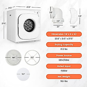 PETSITE Portable Clothes Dryer, Electric Compact Laundry Dryer w/ 5 Drying Selections, Normal & ECO Mode, Stainless-Steel Drum, Overheat Protection, 13.2 lbs Capacity, Ideal for Apartment, Home, Dorm, 1500W, White