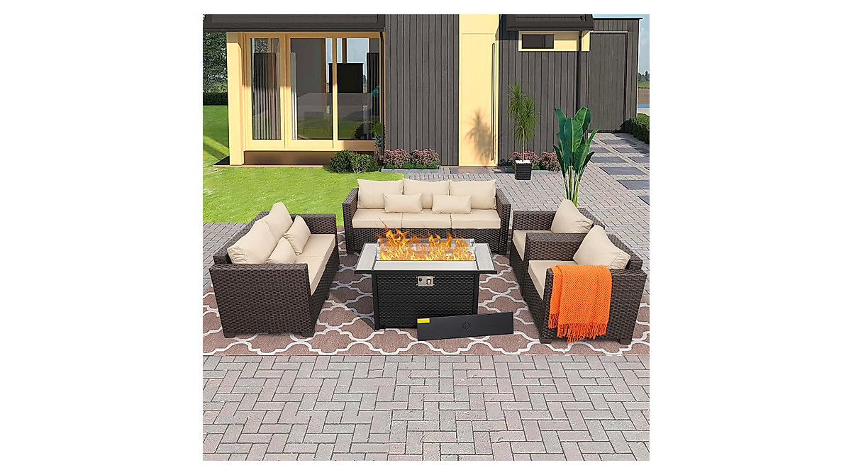 Rattaner 5-Piece Patio Set with Fire Pit - Khaki
