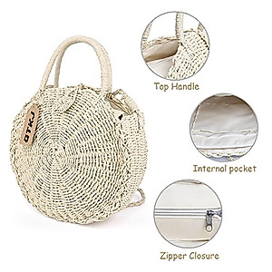 QTKJ Summer Beach Round Rattan Bag, Hand Woven Bali Straw Tote Crossbody Handbag for Womens