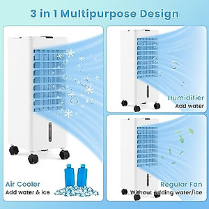 PETSITE Evaporative Air Cooler, 3-in-1 Swamp Cooler Remote Control, 3 Modes, 3 Wind Speeds, 60° Oscillation, 12H Timer, Water Tank & Ice Packs, Portable Air Cooler for Bedroom