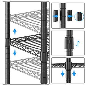 Homdox 5 Tier Metal Storage Shelves with Wheels, Heavy Duty Wire Shelving Unit, Adjustable Storage Racks with Side Hooks for Bathroom Kitchen Garage Pantry Organization, Black