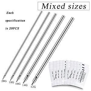 Honoson 100 Pcs Ear Nose Body Piercing Needles Mix Size 12G 14G 16G 18G 20G Stainless Steel Piercing Jewelry Kit and 1 Pcs Slotted Locking Pennington Forceps for Kit Supplies