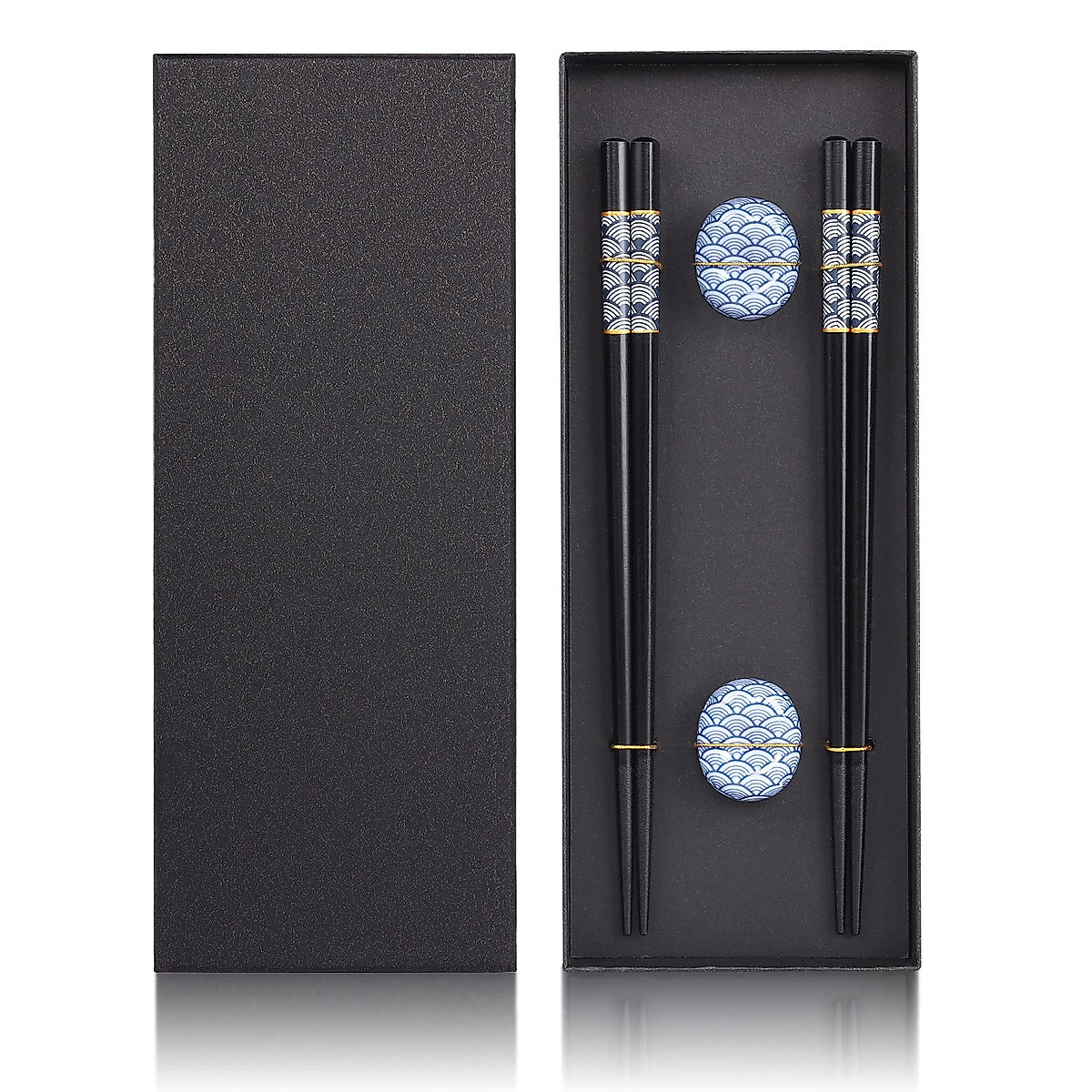 TIICOO Chopsticks Reusable Japanese Wave Pattern Style Lightweight 2 Pairs Wooden Chopsticks + 2 Ceramic Chopsticks Holder Gift Set, 8.85 inches/22.5cm, Dishwasher Safe