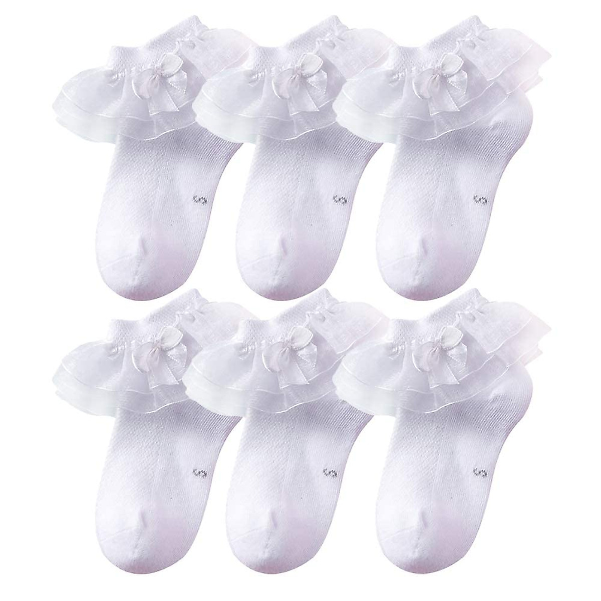 Looching 6 Pairls Baby Toddlers Girls Ruffle Frilly Socks Cotton Princess Lace Top Mesh Dress Socks with Bowknot