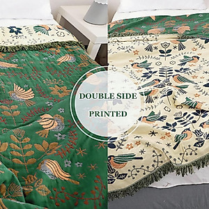 Skrmisda Bohemian Throw Blankets, Boho Birds 60 * 80 Inch Cotton Blanket for Bed Couch Camping Picnic Full Size Tassel Reversible Breathable Soft & Cozy Blankets (Green+Beige)