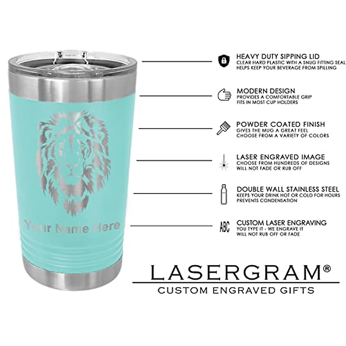 LaserGram 16oz Vacuum Insulated Pint Tumbler, Sign Language I Love You, Personalized Engraving Included (Teal)