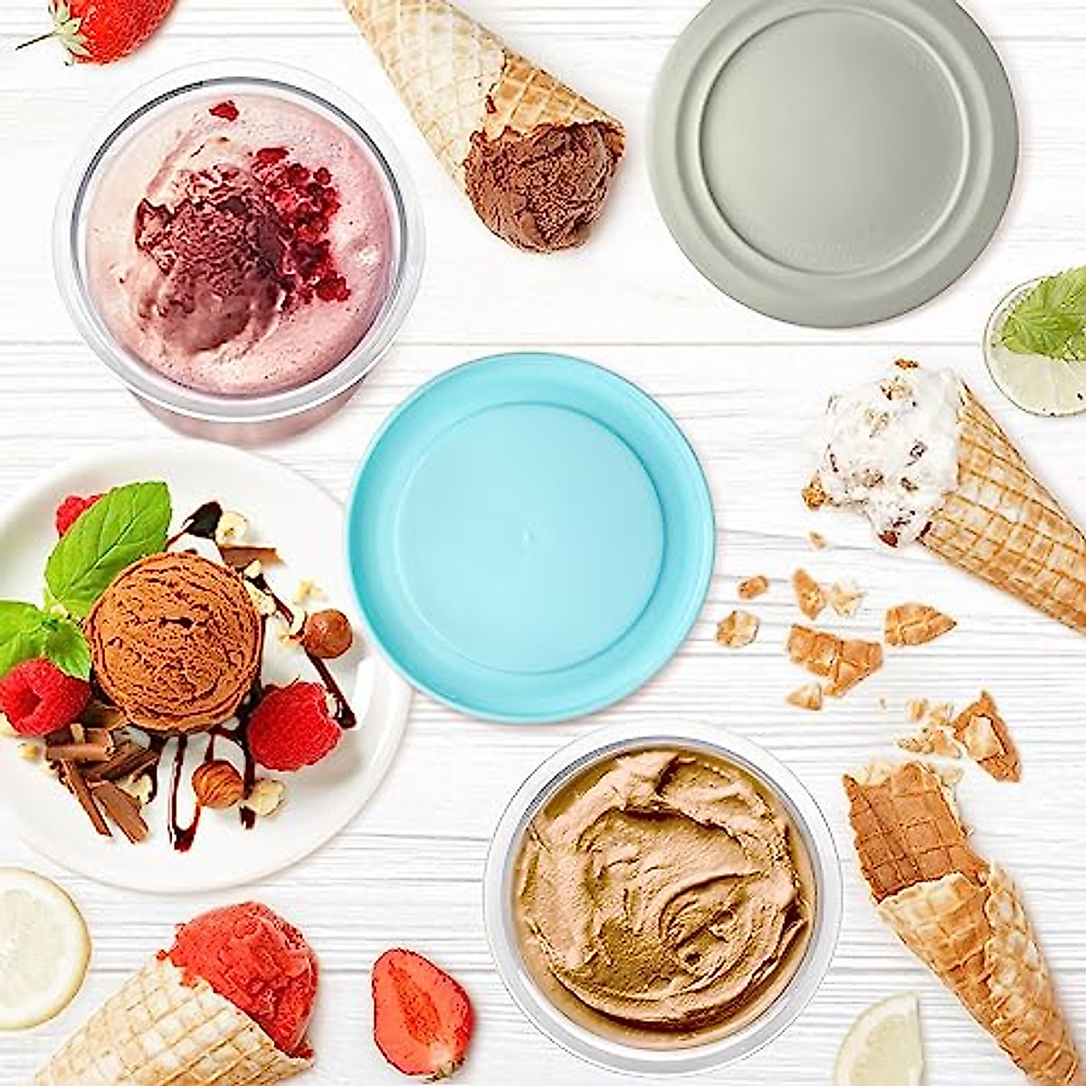 FIRJOY 24 oz. Containers | Extra Replacement Pints and Lids for Ninja Creami Deluxe - Compatible with NC501, NC500 Series (2 Pack - Grey, Blue)