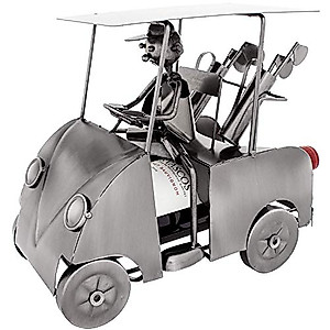 BRUBAKER Wine Bottle Holder 'Golfer in Golf Cart' - Table Top Metal Sculpture - with Greeting Card
