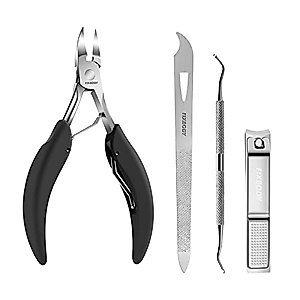 FIXBODY Toenail Clippers Set, Ingrown Toenail Tool Kit, Nail Clippers for Thick Nails, 4 Pieces Stainless Steel Pedicure Tools Kit, Toenail Clippers for Seniors Thick Toenails, Soft Grip Long Handle