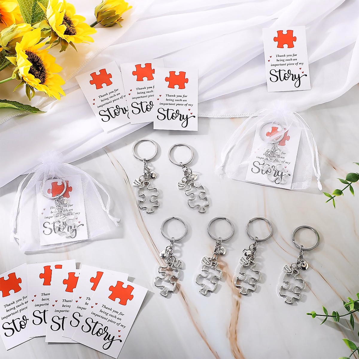 Landical 30 Sets Christmas Thank You Gift Bulk Teacher Appreciation Gifts Puzzle Keychain with Thank You Card Organza Bag for Teacher