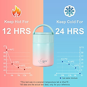 ZLINS Insulated Food Jar 13 oz, Foldable Spoon, Reusable Stainless Steel Lunch Thermos Container, Leak Proof Vacuum Lunch Storage for Soup Hot Cold, Smoothie Bowl with Handle Lid (Blush/Blue Ombre)