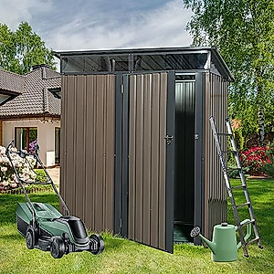 5x3ft Outdoor Storage Shed, Metal Garden Shed for Garbage Can, Tool, Outside Sheds & Outdoor Storage Galvanized Steel with Lockable Door for Backyard, Patio, Lawn(Brown)