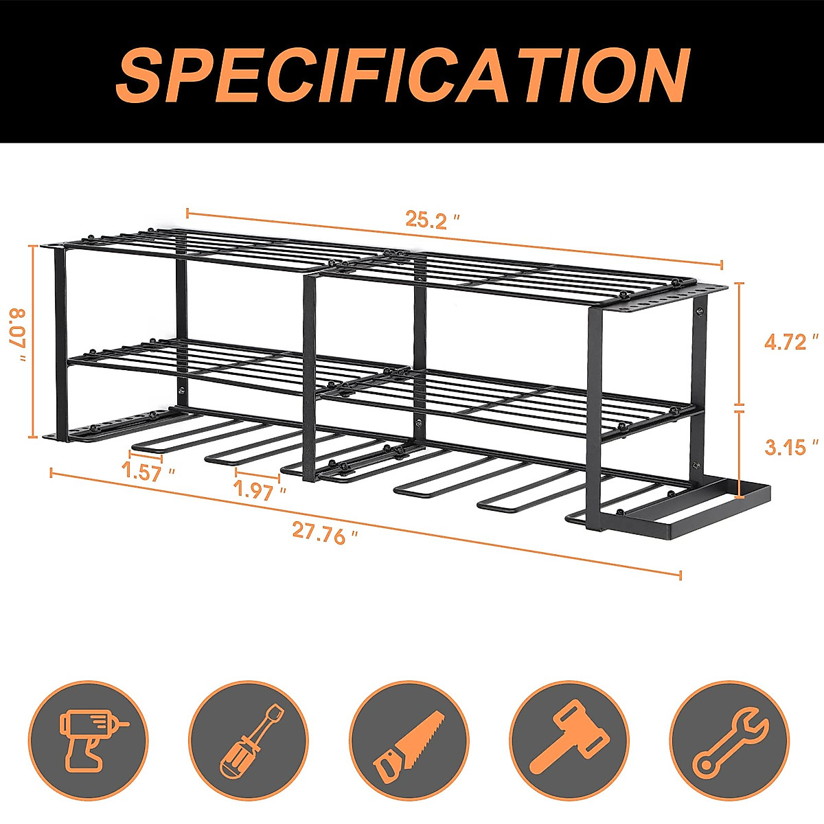 Tuenort Power Tool Organizer with 6 Drill Holders,Garage Tool Organizers and Storage Rack, Power Tool Holder Wall Mounted,Heavy Duty Metal Tool Shelf,Separate Tool Rack Christmas Gift for Men Dad