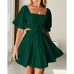 BTFBM Women Summer Dresses 2023 Square Neck Short Sleeve Cutout Crossover Waist Casual Party Tiered A-Line Mini Dress(Solid Green, Small)
