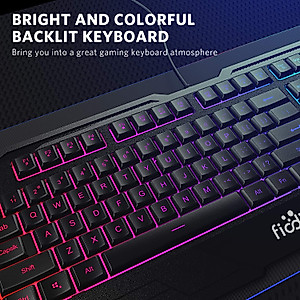 Fiodio Rainbow Wired Gaming Computer Keyboard and Mouse Combo, Ergonomic Keyboards with Wrist Rest, 104 Multimedia Keys, 1600 DPI Gamer Mouse for Windows PC and Desktop
