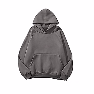 Lauweion Women Solid Basic Fleece Letter Loose Hoodie Sweatshirt Long Sleeve Kangaroo Pocket Drop Shoulder Pullovers Top Dark Grey