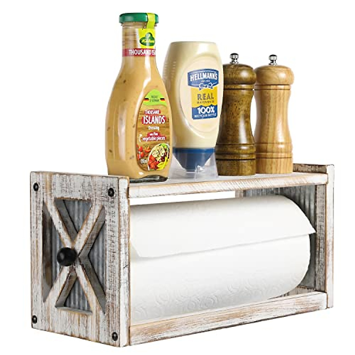 FARM IN Paper Towel Holder, Rustic Wall Mount & Countertop Kitchen Organizer with Top Storage Shelf and Barn Door “X-Cross” Design, Industrial Farmhouse Paper Towel Dispenser, Bathroom Towel Rack
