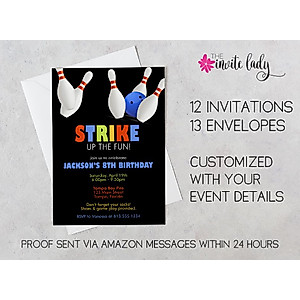 Bowling Birthday Party Invitations Bowling Alley Invites Strike Nightime Midnight Strike Ball Pins Bday Printed Customizable Personalized (12 Count)